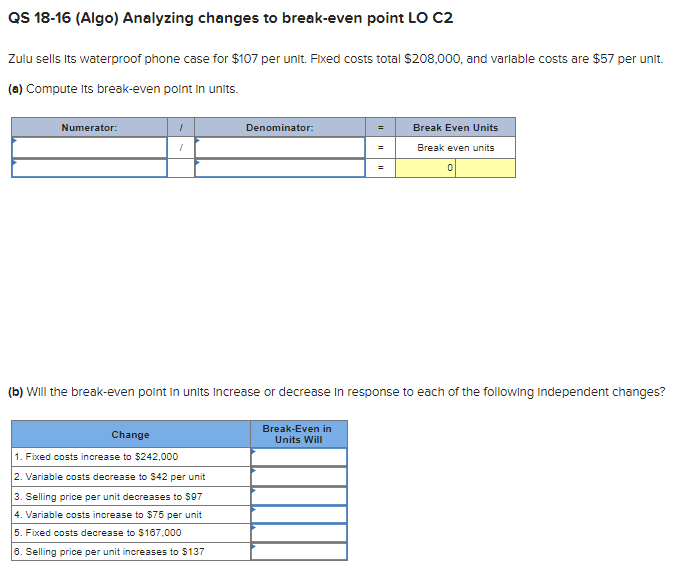 Solved QS 18-16 (Algo) Analyzing changes to break-even point | Chegg.com