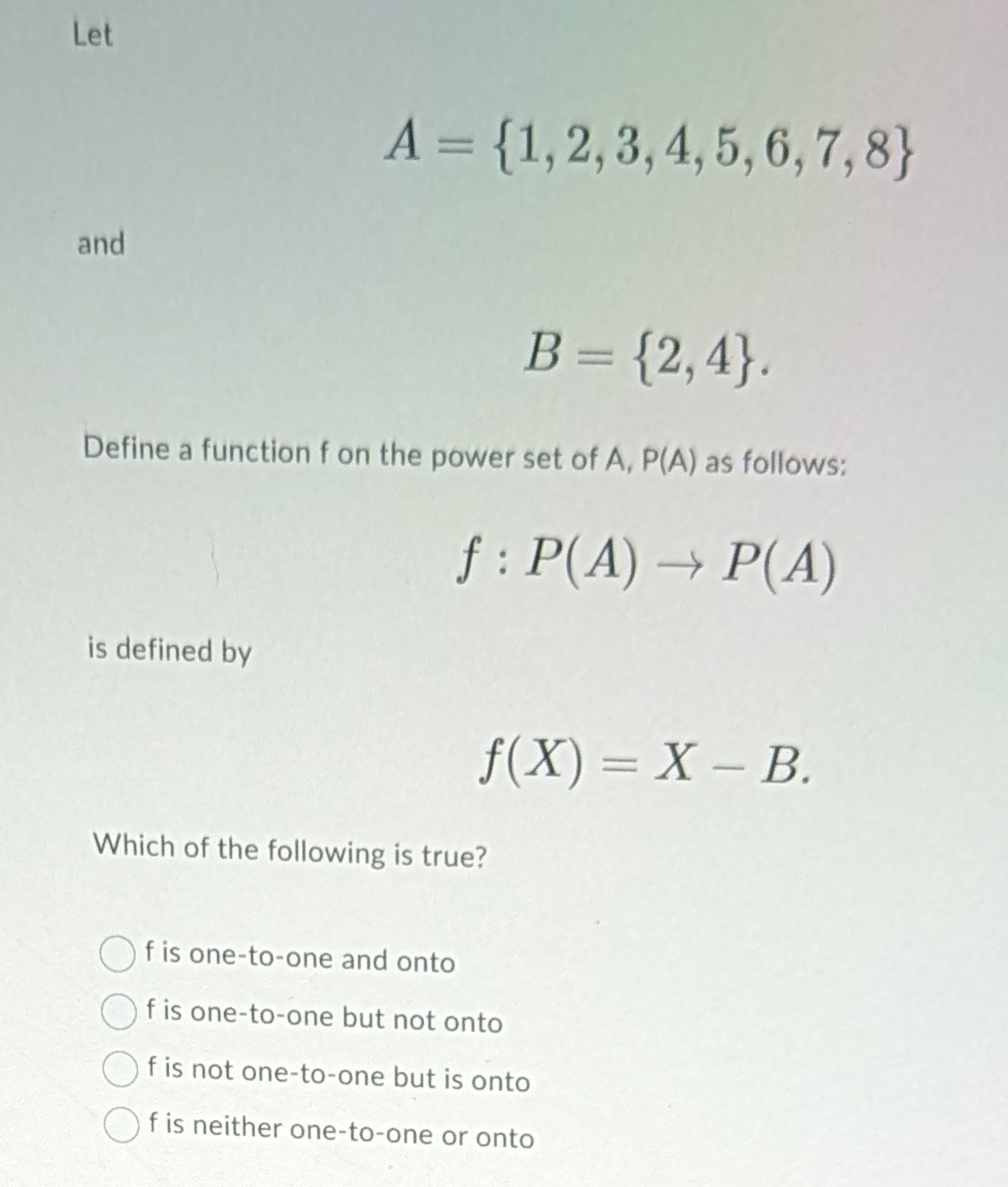 Solved Let A={1,2,3,4,5,6,7,8} and B={2,4}. Define a | Chegg.com Solved Let A={1,2,3,4,5,6,7,8} and B={2,4}. Define a | Chegg.com
