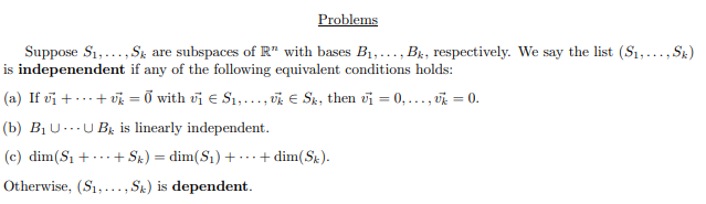 Solved Problems Suppose S1, ... , Sk are subspaces of R" | Chegg.com