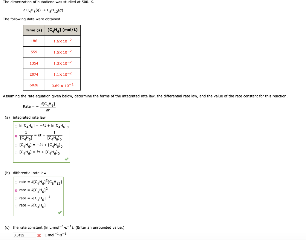 Solved The dimerization of butadiene was studied at 500. K. | Chegg.com