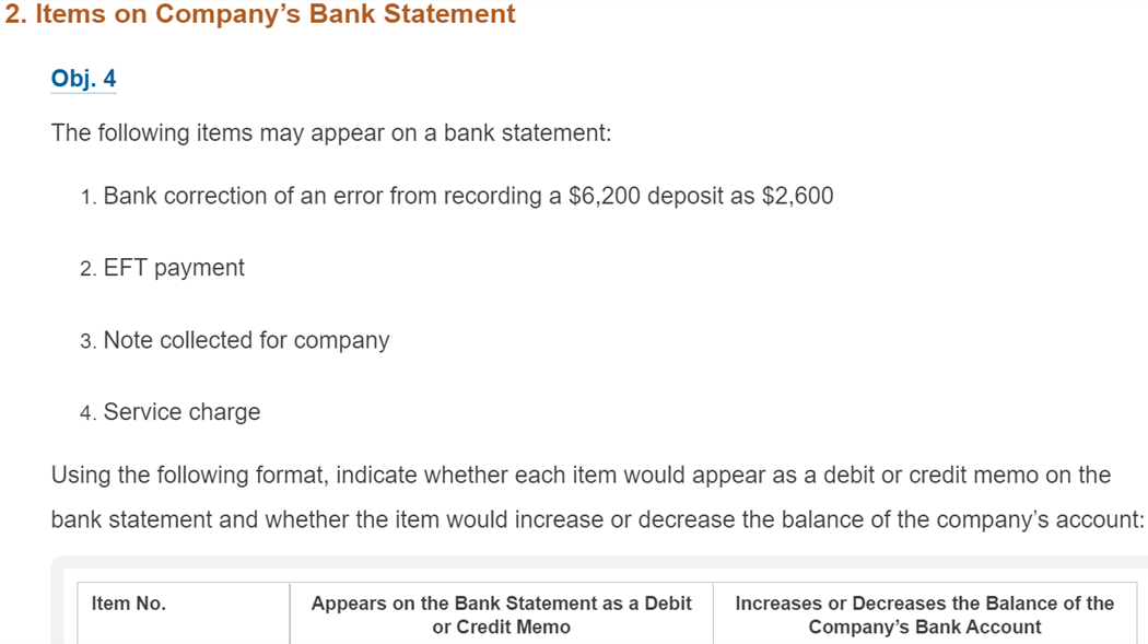 Solved 2. Items on Company's Bank Statement Obj. 4 The | Chegg.com