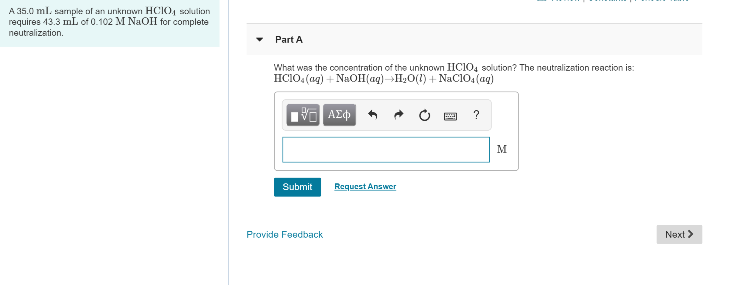 Solved A 35.0 mL sample of an unknown HC104 solution | Chegg.com
