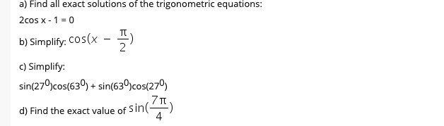 Solved a) Find all exact solutions of the trigonometric | Chegg.com