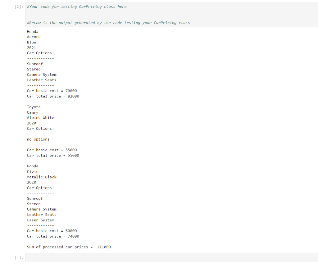 Solved • The CarPricing class allows the user to start | Chegg.com