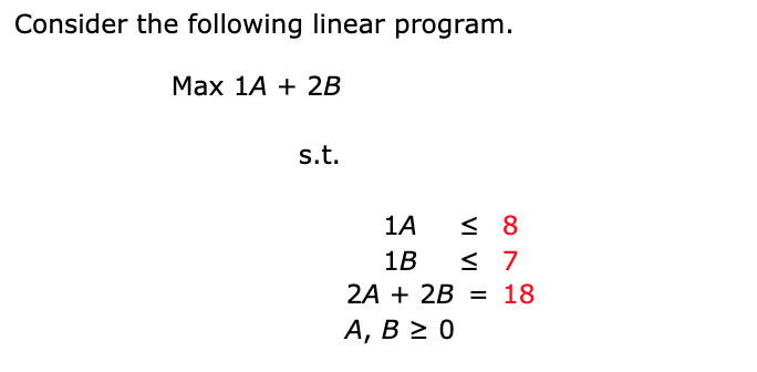 Solved Consider the following linear program. Max 1A + 2B | Chegg.com