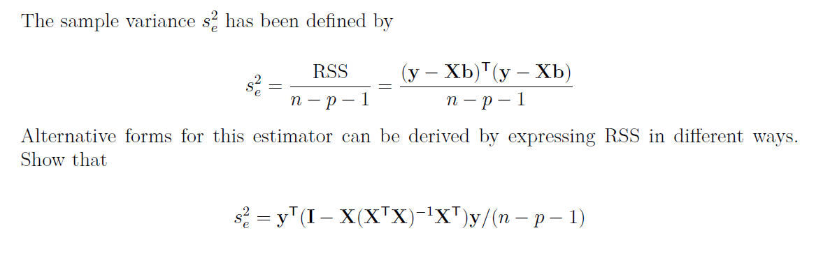 Solved The sample variance s? has been defined by = RSS (y - | Chegg.com