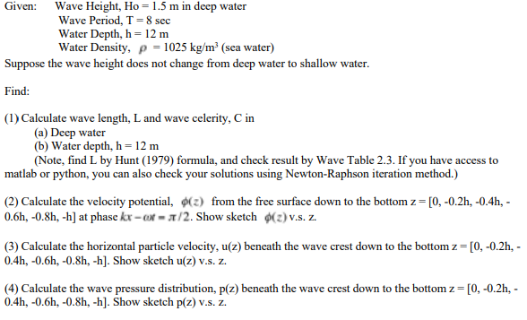 Solved Given: Wave Height, Ho = 1.5 m in deep water Wave | Chegg.com