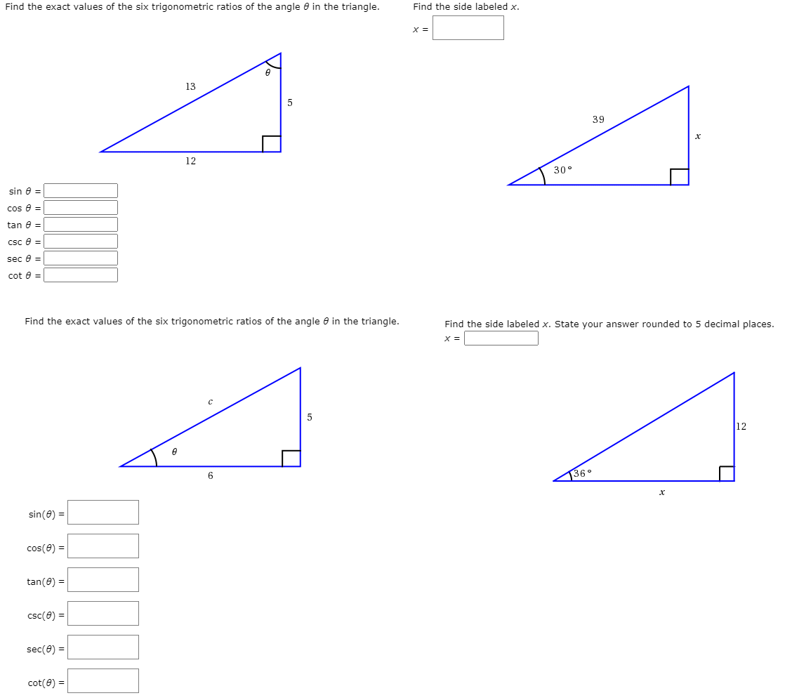Solved Find the exact values of the six trigonometric ratios | Chegg.com