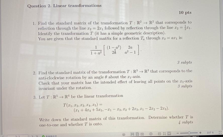Solved Question 2. Linear transformations 10 pts 1. Find the | Chegg.com