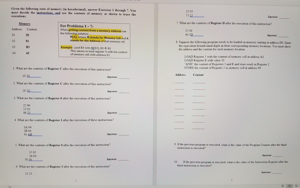 Solved Given the following state of memory (in hexadecimal), | Chegg.com