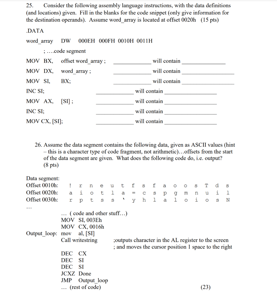 25. Consider the following assembly language | Chegg.com
