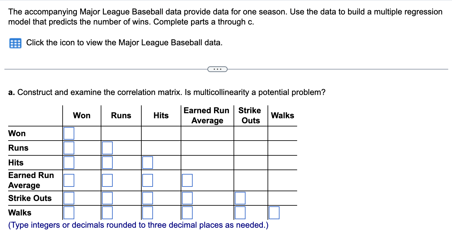 Solved The accompanying Major League Baseball data provide | Chegg.com