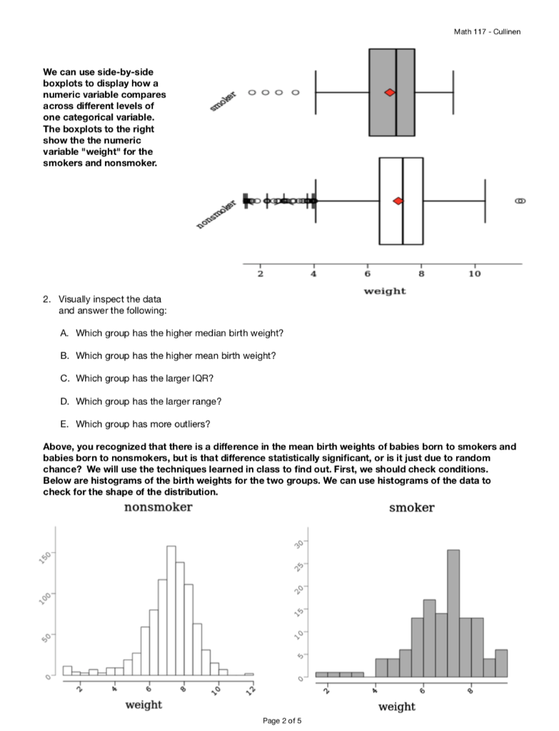 Math 117 - Cullinen Lab #3: Inference for Numeric | Chegg.com