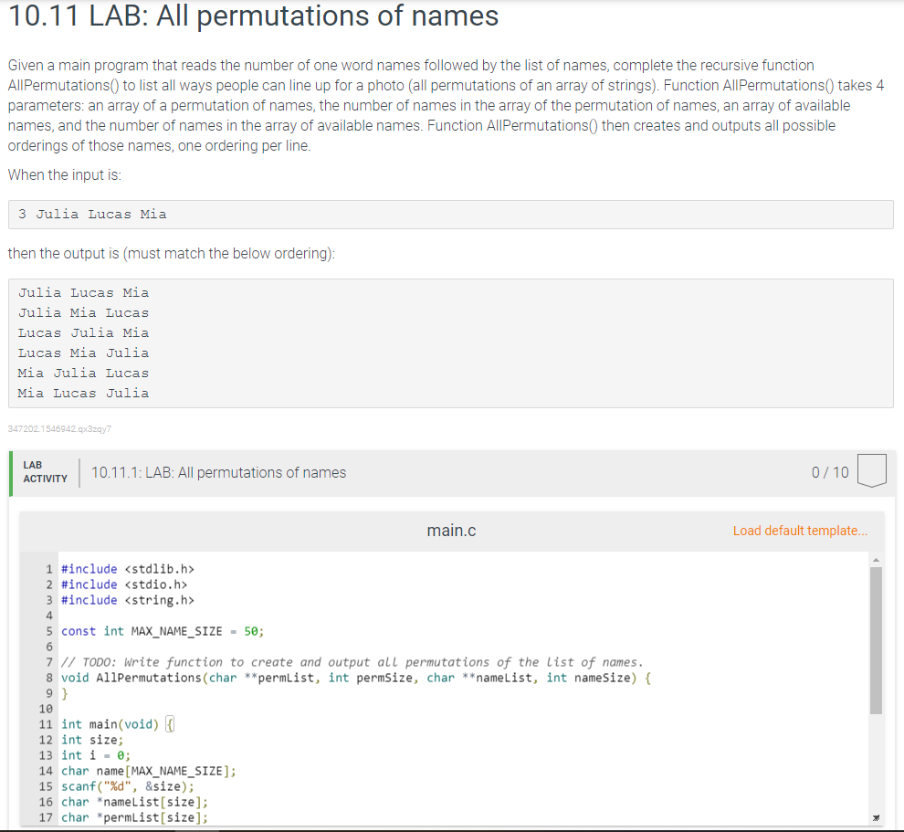 Solved 10 11 LAB All Permutations Of Names Given A Main Chegg