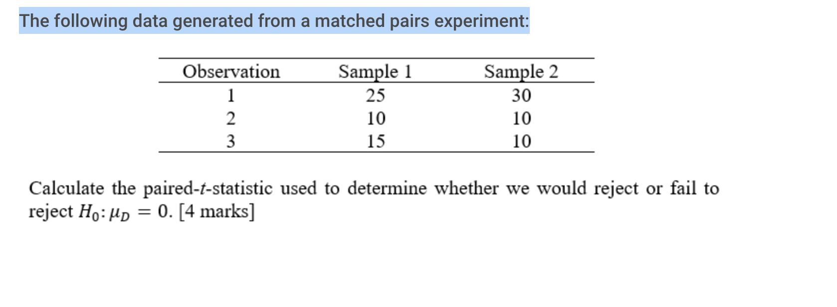 Solved The following data generated from a matched pairs | Chegg.com