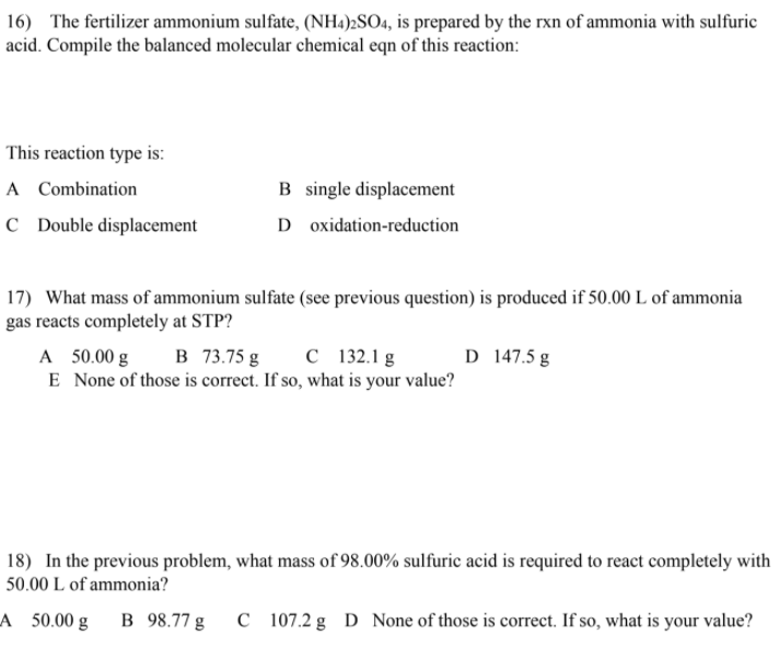 Solved 16) The fertilizer ammonium sulfate, (NH4)2SO4, is | Chegg.com