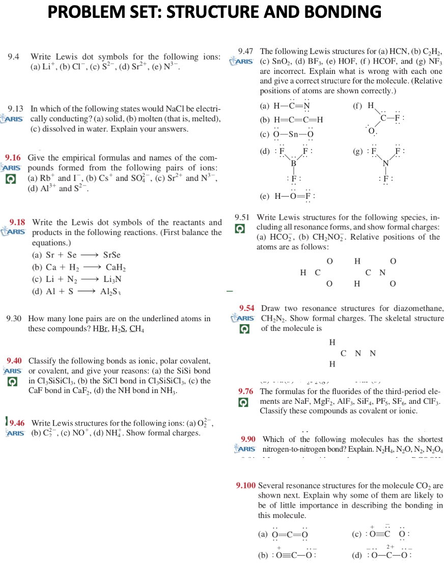 Solved PROBLEM SET: STRUCTURE AND BONDING 9.4 Write Lewis | Chegg.com