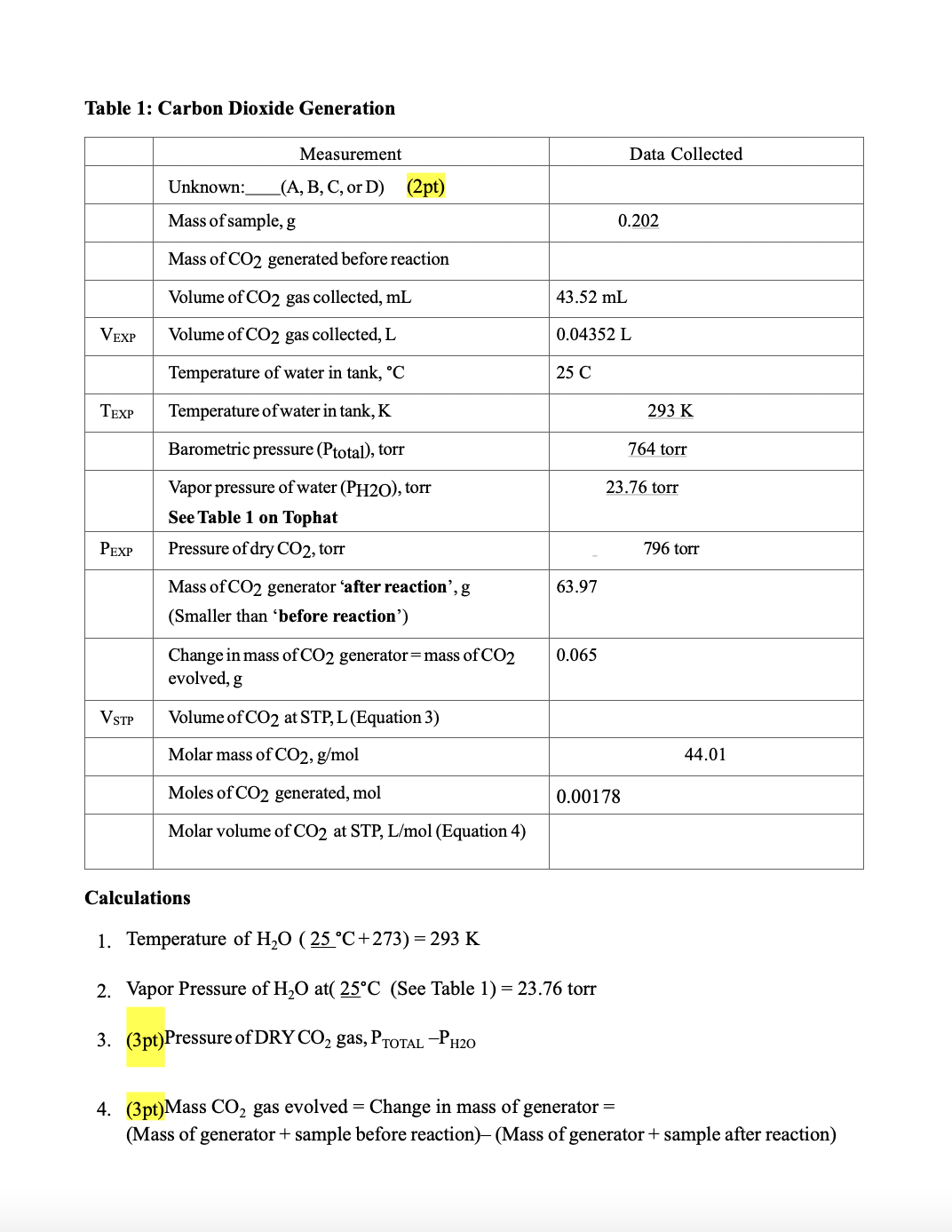 Table 1: Carbon Dioxide Generation Calculations 1. | Chegg.com