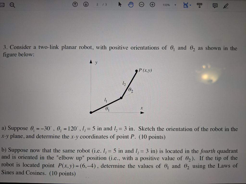 Solved 133% 3. Consider a two-link planar robot, with | Chegg.com