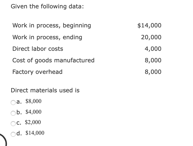 Solved Given the following data: Work in process, beginning | Chegg.com