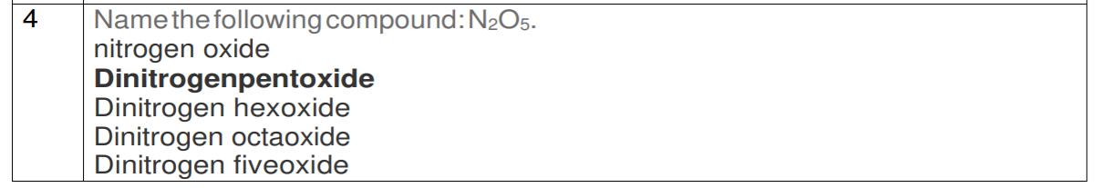 Solved 4 Name the following compound: N2O5. nitrogen oxide | Chegg.com