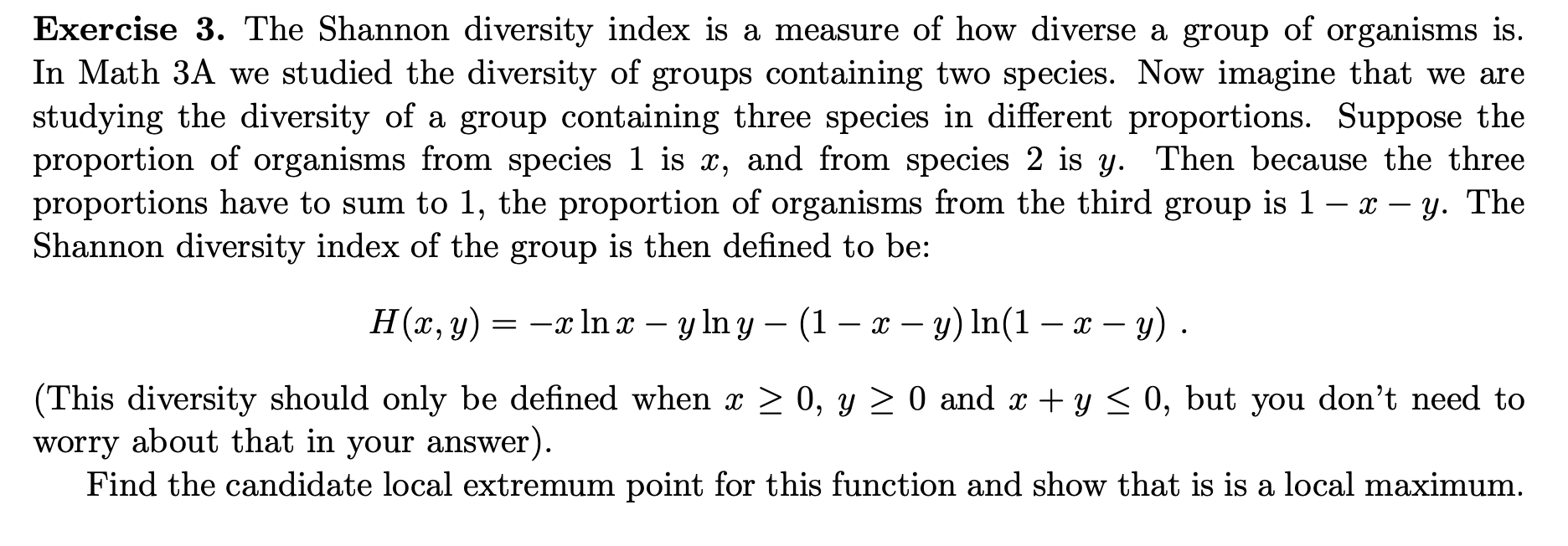 Solved Exercise 3. The Shannon diversity index is a measure | Chegg.com