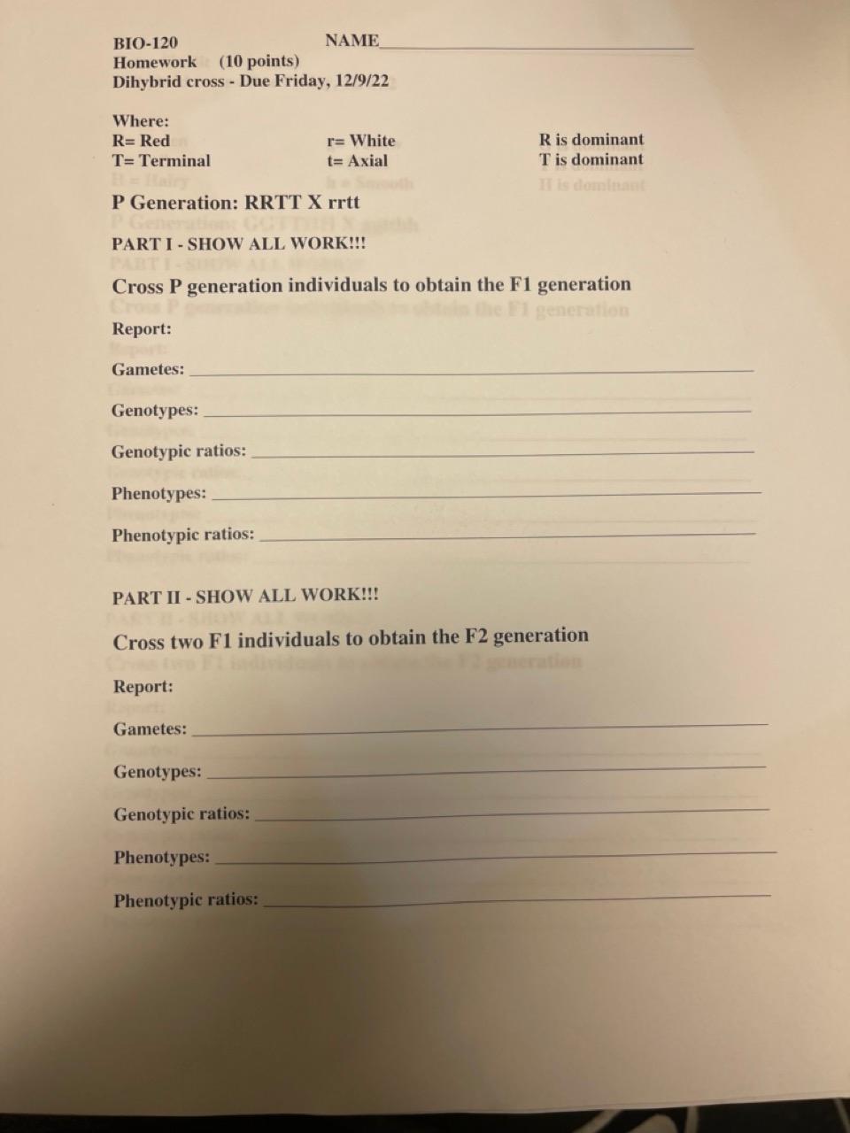 Solved PART I - SHOW ALL WORK!!! Cross P generation | Chegg.com