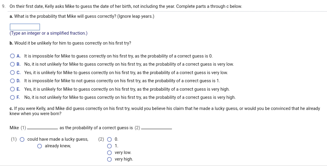 Solved b. Would it be unlikely for him to guess correctly on | Chegg.com