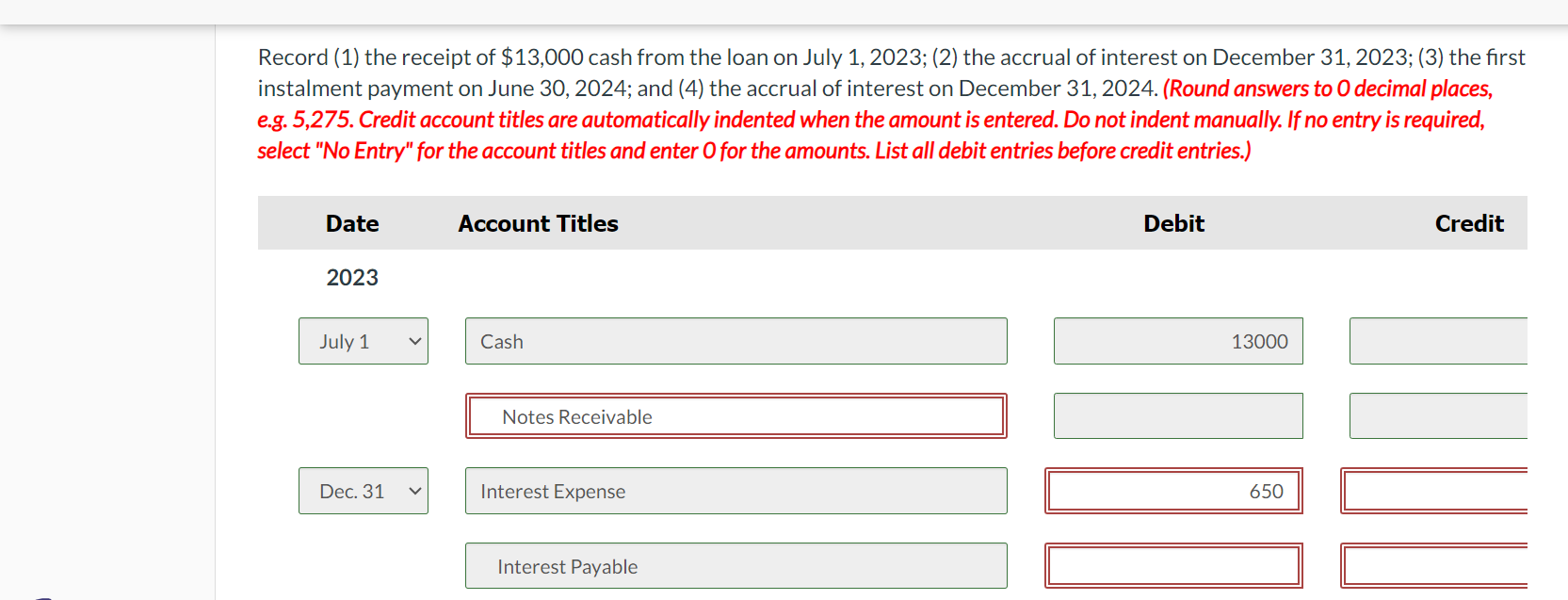 record the recipet of 13000 cash from the loan on | Chegg.com