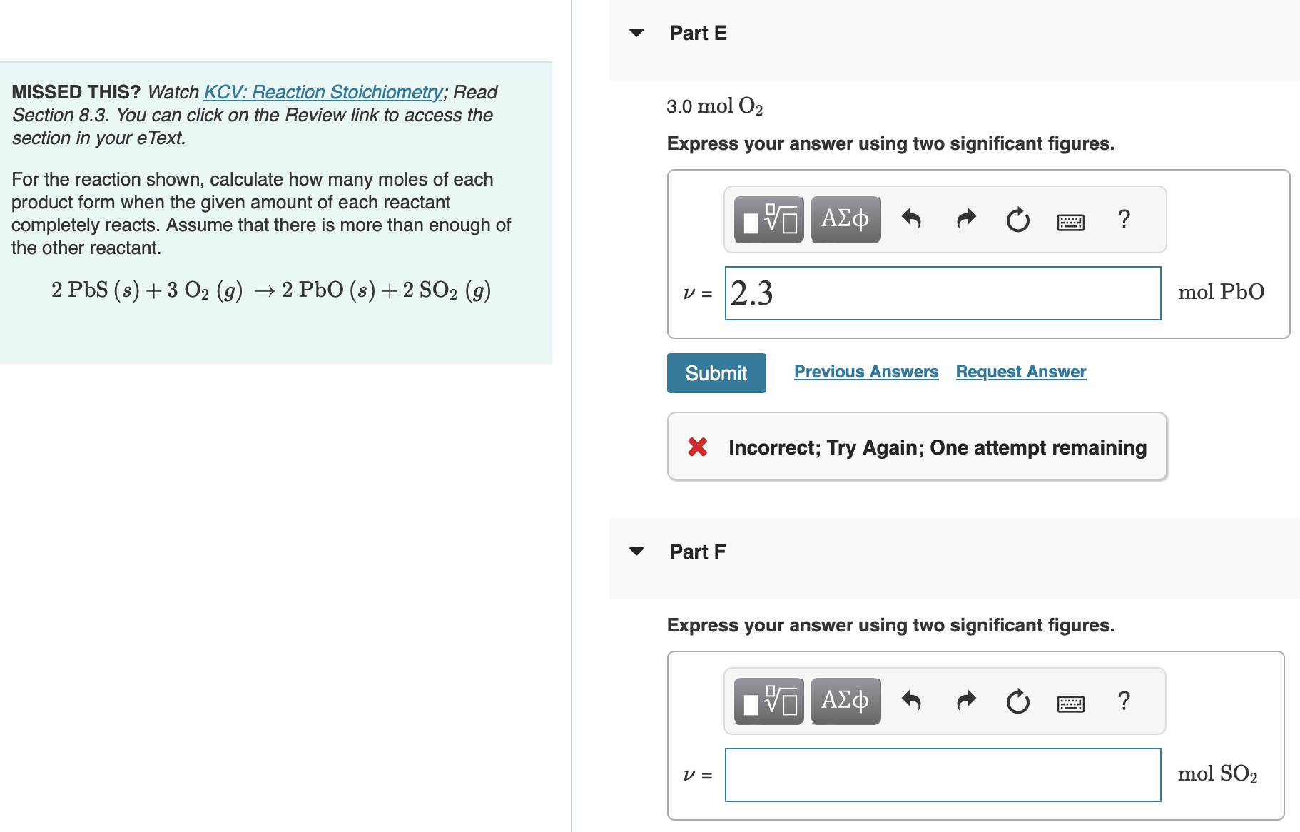 Solved Part EMISSED THIS? Watch KCV: Reaction Stoichiometry; | Chegg.com