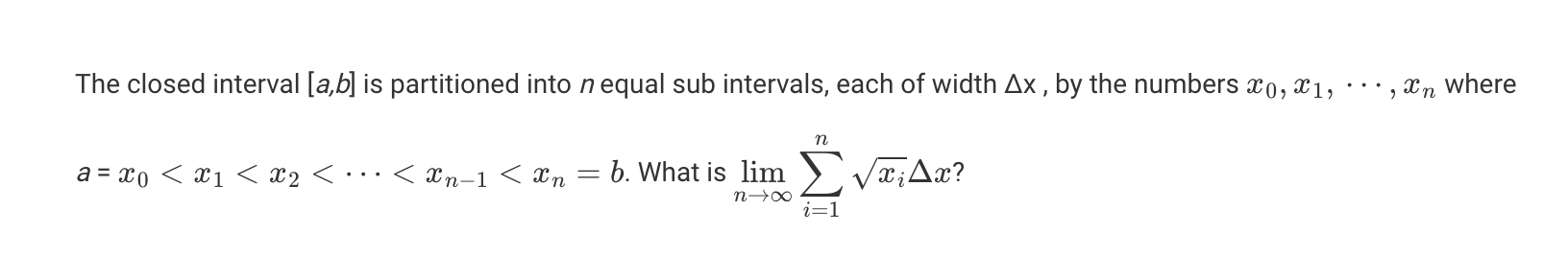 Solved The closed interval a,b ﻿is partitioned into n ﻿equal | Chegg.com