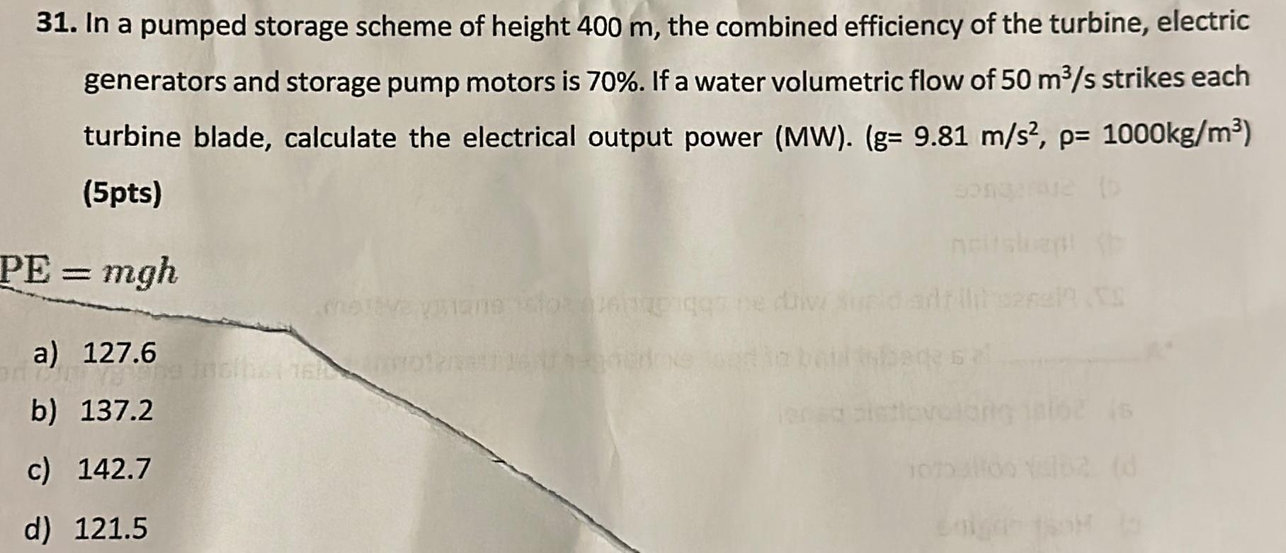 Solved 31. In a pumped storage scheme of height 400 m, the | Chegg.com
