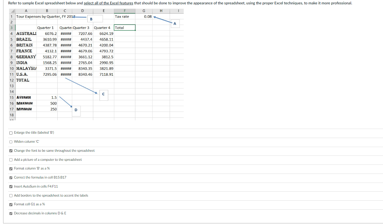 Enlarge the title (labeled 'B') Widen column ' C | Chegg.com