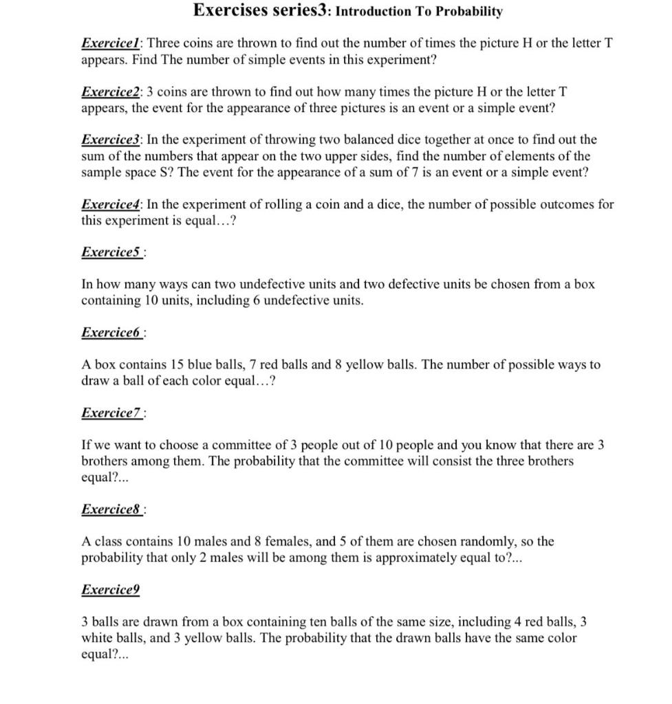 Solved Exercises series3: Introduction To Probability | Chegg.com