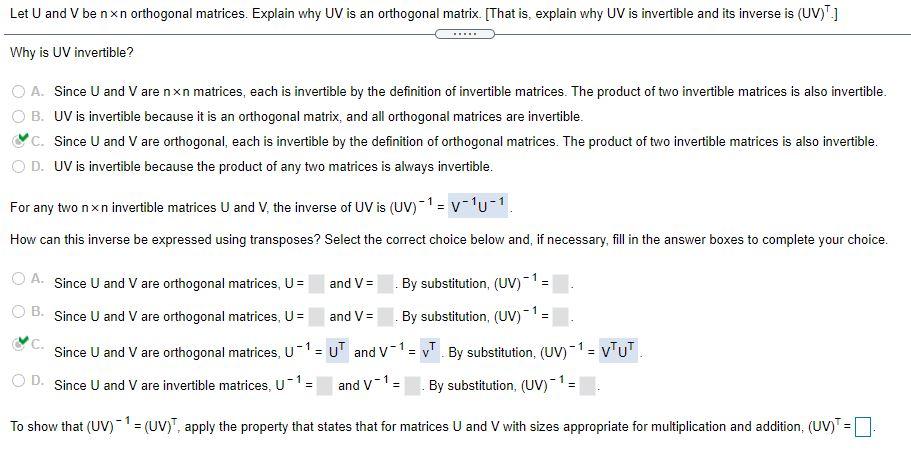 Solved Let U and V be nxn orthogonal matrices. Explain why | Chegg.com