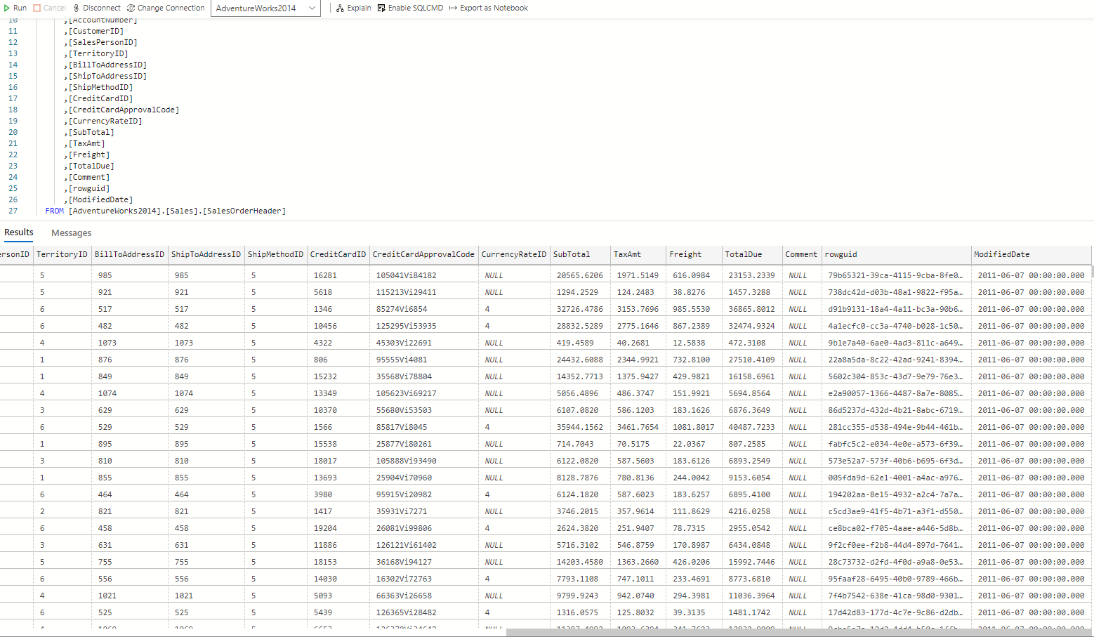 1 SELECT TOP (1000) [SalesOrderID] 2 [RevisionNumber] | Chegg.com
