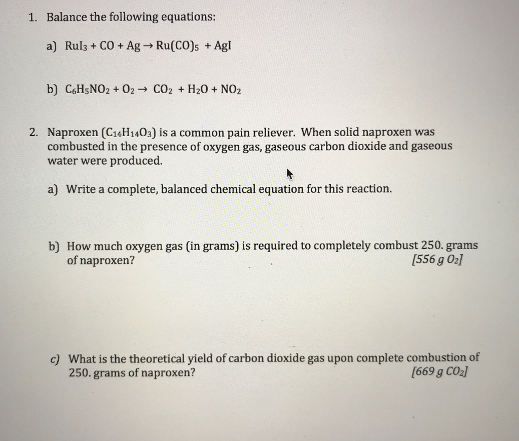 Solved 1. Balance the following equations: a) Ru13 + CO + Ag | Chegg.com