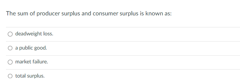 Solved The sum of producer surplus and consumer surplus is | Chegg.com