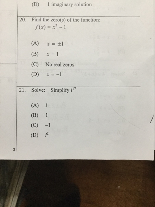 Solved (D) 1 imaginary solution 20. Find the zero(s) of the | Chegg.com