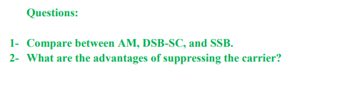 Solved Questions: 1- Compare between AM, DSB-SC, and SSB. 2- | Chegg.com