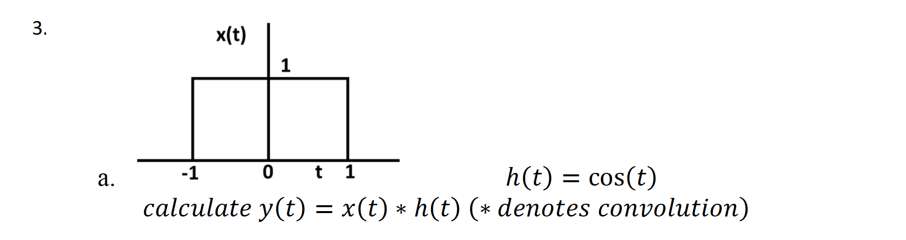 Solved 3. x(t) 1 a. -1 0 t1 = h(t) = cos(t) calculate y(t) = | Chegg.com