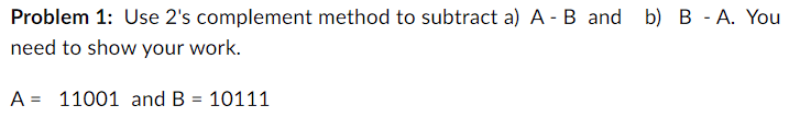 Solved Problem 1: Use 2's complement method to subtract a) A | Chegg.com