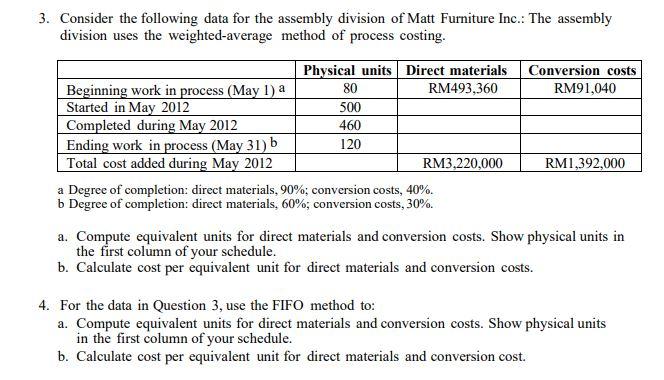 Solved 3. Consider the following data for the assembly | Chegg.com