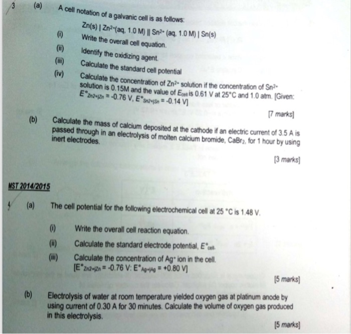 Solved (a) A cell notation of a galvanic cell is as follows | Chegg.com