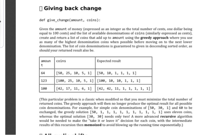 Solved Giving back change def give_change(amount, coins): | Chegg.com