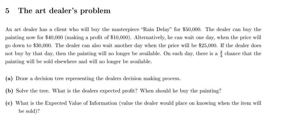 Solved 5 The art dealer's problem An art dealer has a client | Chegg.com