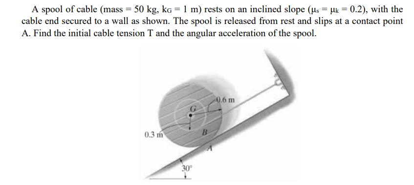 Solved A spool of cable (mass =50 kg,kG=1 m ) rests on an | Chegg.com