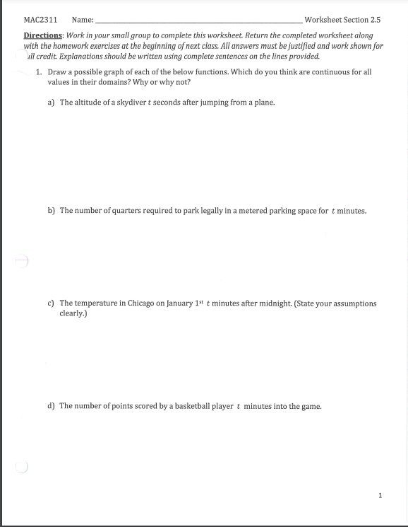Solved MAC2311 Name: Worksheet Section 2.5 Directions: Work | Chegg.com