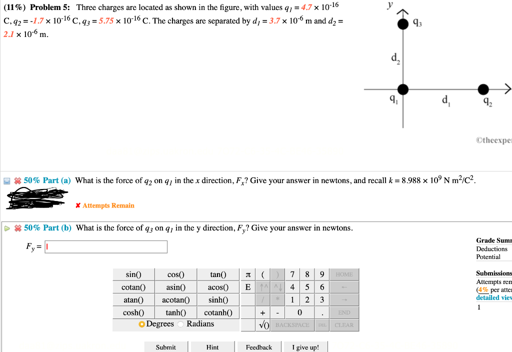 Solved (11\%) Problem 5: Three charges are located as shown | Chegg.com