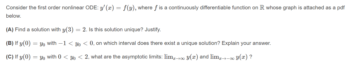 Solved Consider the first order nonlinear ODE: Y'(x) = f(y), | Chegg.com